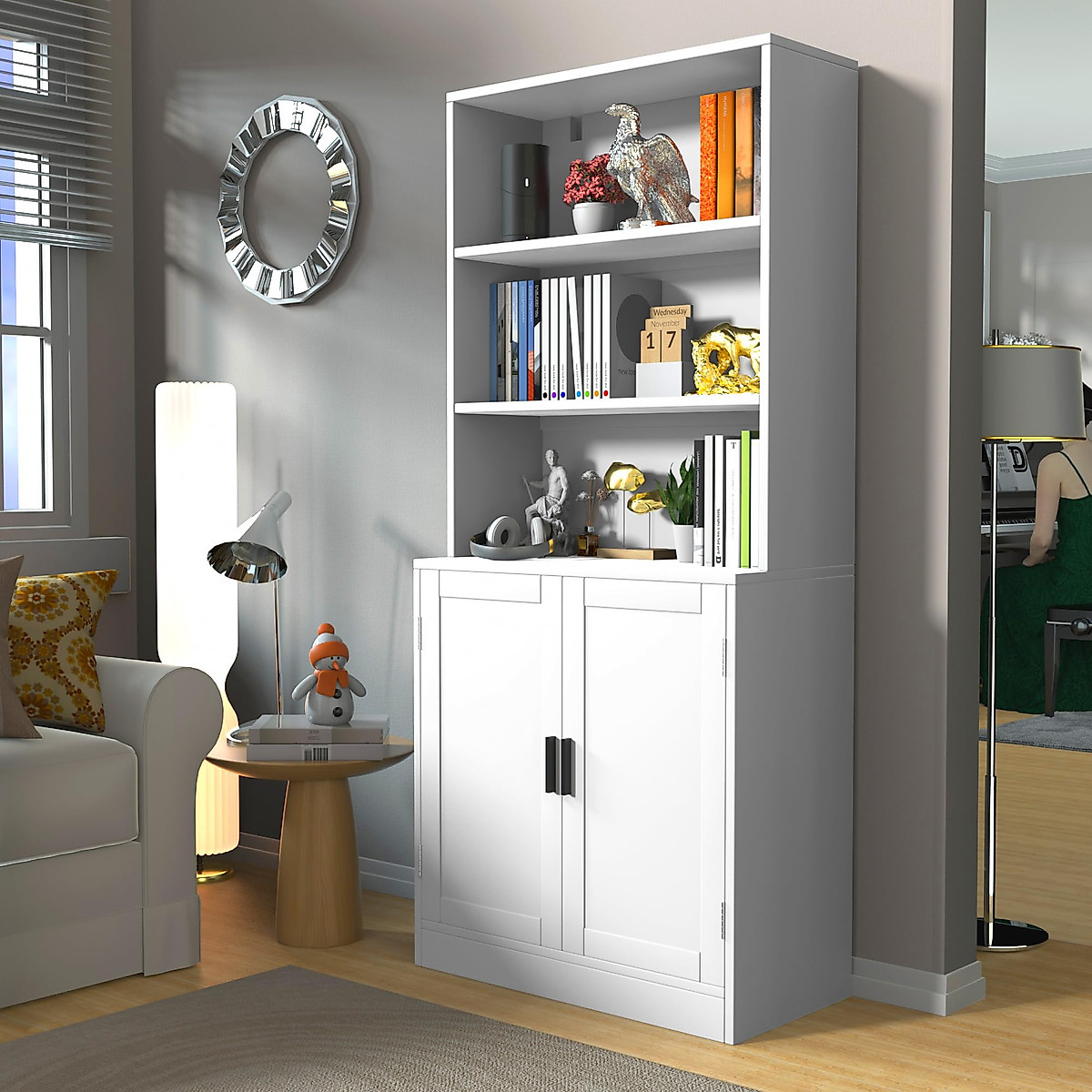 holzart 75" Tall Bookcase with Doors, 5 Tier Large Bookshelf with Cabinet, Standing Wood Display Book Shelf for Living Room, Office, Library with Doors, White