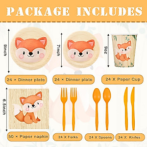 Yoande 194 Pcs Fox Duck Bird Theme Birthday Party Supplies Woodland Animal Face Paper Dessert Plates Knives Forks Spoons Cups Napkins for Kids Girl Boy Baby Shower Tableware Set Serves 24 (Fox)