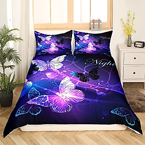 Butterfly Bedding Set, Fantasy Butterflies Fairy Monarch Inspiration Animal Dreamlike Night Garden Theme Comforter Cover, Decorative 3 Piece Duvet Cover With 2 Pillow Shams, King Size, Teal Purple