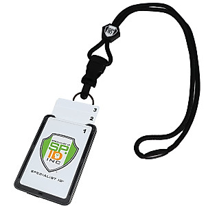 Specialist ID Vertical Top Load Three Card Badge Holder - Hard Plastic with Heavy Duty Breakaway Lanyard w Quick Release Metal Clip & Key Ring (One Holder / 3 Cards Inside) (Black)