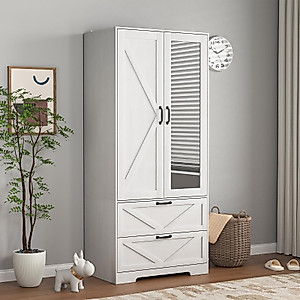 UZUGUL Armoire Wardrobe Closet with Mirror Door and 2 Drawer,Farmhouse Bedroom Armoire Cabinet with Hanging Rod and Light,Wooden Wardrobe Cabinet Closet with Adjustable Shelf for Bedroom