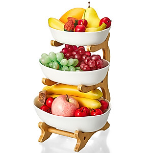 3 Tiered Fruit Basket Fruit Bowl for Kitchen Counter Fruit Bowl Bamboo Large Capacity Vegetable Storage Stand Wood Basket with 3 Pieces Porcelain Fruit Bowl Effortless to Clean Ceramic Fruit Holder