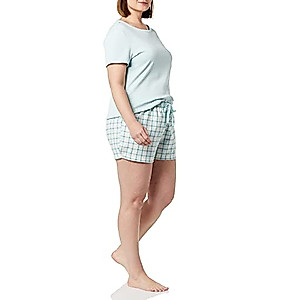 Amazon Essentials Women's Lightweight Flannel Short and Cotton T-Shirt Sleep Set, Light Blue Plaid, Small
