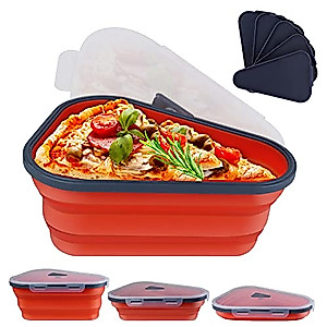 Queceuy Reusable expandable pizza storage container with 5 microwaveable heating trays, adjustable silicone pizza box, space saving and leftover pizza slice container, microwave and dishwasher safe.