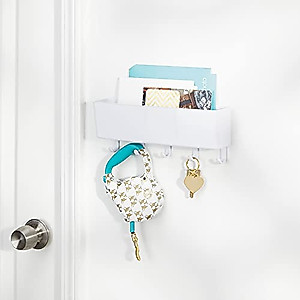 mDesign Adhesive Modern Plastic Mail Organizer Storage Basket - 5 Hooks - for Entryway, Mudroom, Hallway, Kitchen, Office - Holds Letters, Magazines, Coats, Keys - White