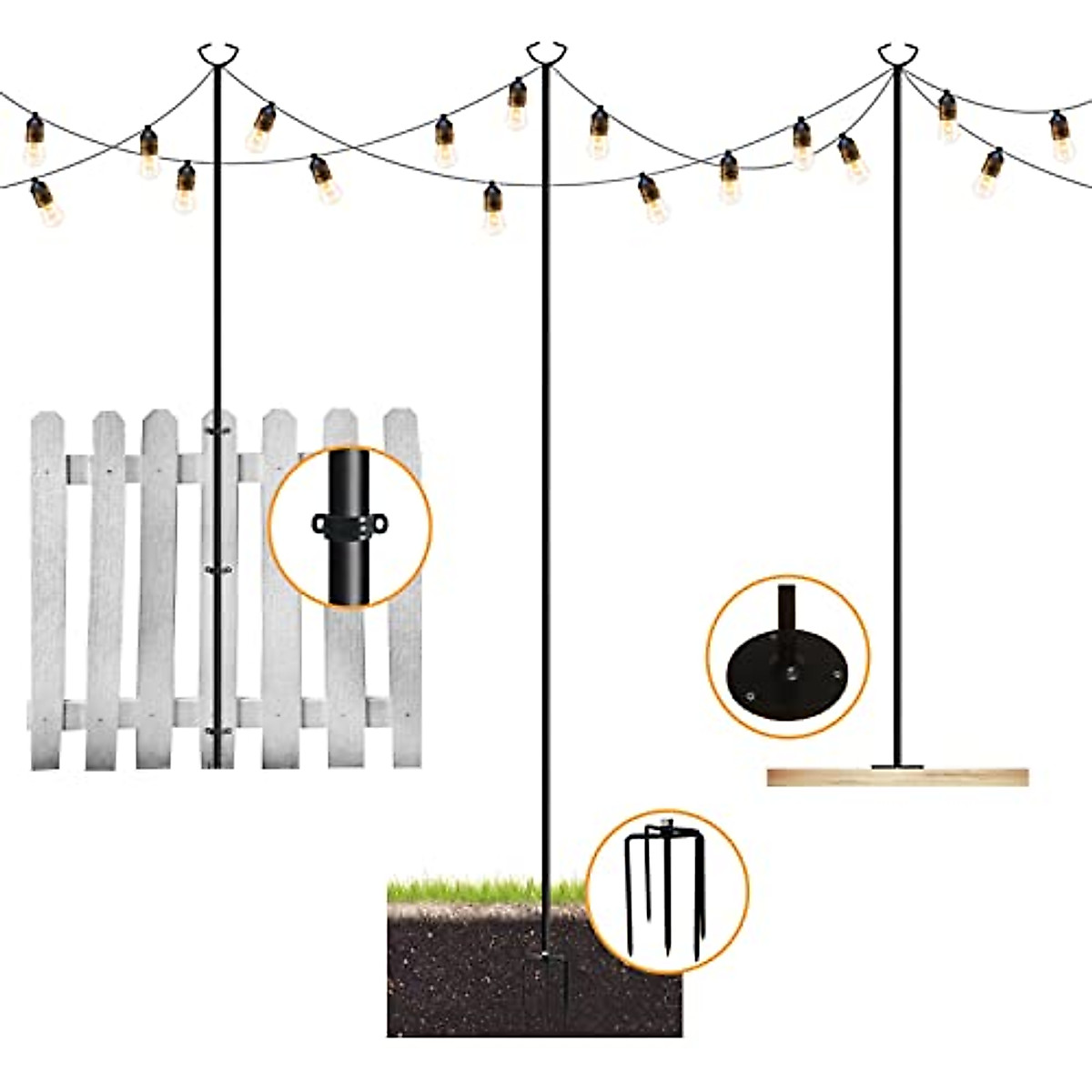 MARVOWARE 4Pcs String Light Poles for Outdoors Weather Resistant,Stainless Steel Tall,Christmas Decoration,Light Pole for House Garden Patio Wedding Cafe Party(No Light Bulb Included)