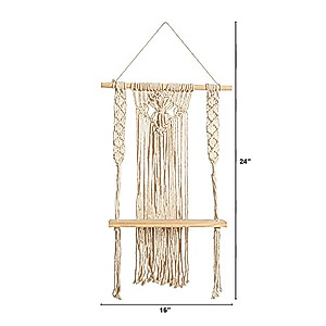 24in. Boho Chic Wood Macrame Single Shelf Woven Diamond Wall Art Décor