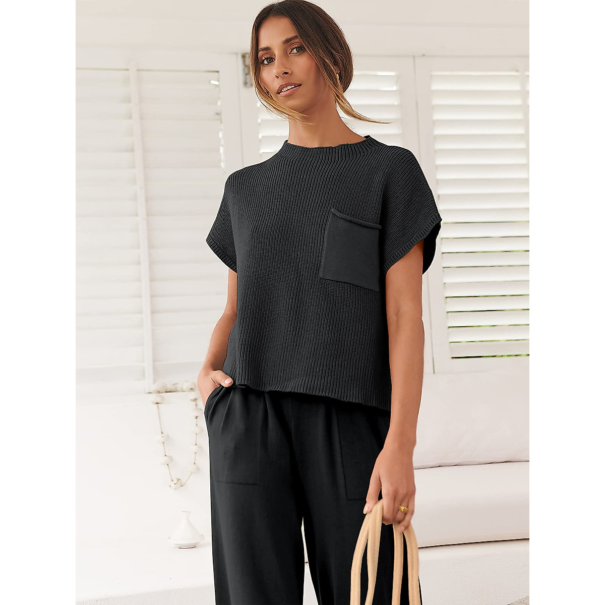 ANRABESS Women's Two Piece Outfits Knit Sweater Vest Crop Top Pants Lounge Matching Tracksuit Sweatsuit Travel Clothes Sets Black Medium