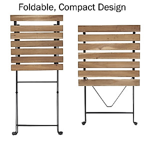 Lavish Home (Brown Folding Patio Bistro Set – 3-Piece Acacia Wood and Steel Café Table and Chairs for Porch, Deck, Garden, or Balcony Furniture