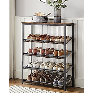 VASAGLE Shoe Rack for Entryway, 5 Tier Shoe Storage Shelves, 16-20 Pairs Shoe Organizer, with Sturdy Wooden Top and Steel Frame, Free Standing, Industrial, Rustic Brown and Black ULBS038B01