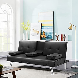 DKLGG Modern Futon Sofa Bed Faux Leather Convertible Recliner Couch with 2 Cup Holders, Armrest and Metal Legs Home Furniture (Dark Black)