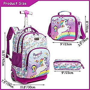 Oruiji Rolling Backpack for Girls Backpack with Wheels Unicorn Kids Wheeled Backpack for School with Lunch Box Trolley Wheeled Backpack Luggage Suitcase for Teen Girls