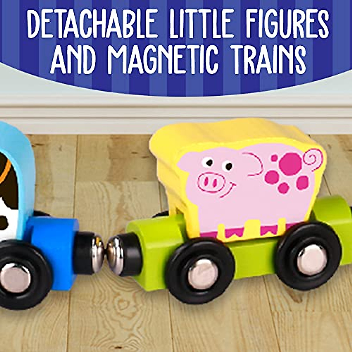 Wooden Trains Set (21 PCS) with 3 Dinosaurs 3 Farm 3 Zoo Animals with Box and Cover - Train Toys Magnetic Set Toy Train Sets for Kids Toddler Gift Toy for 2 Year Old Boys and Girls and up