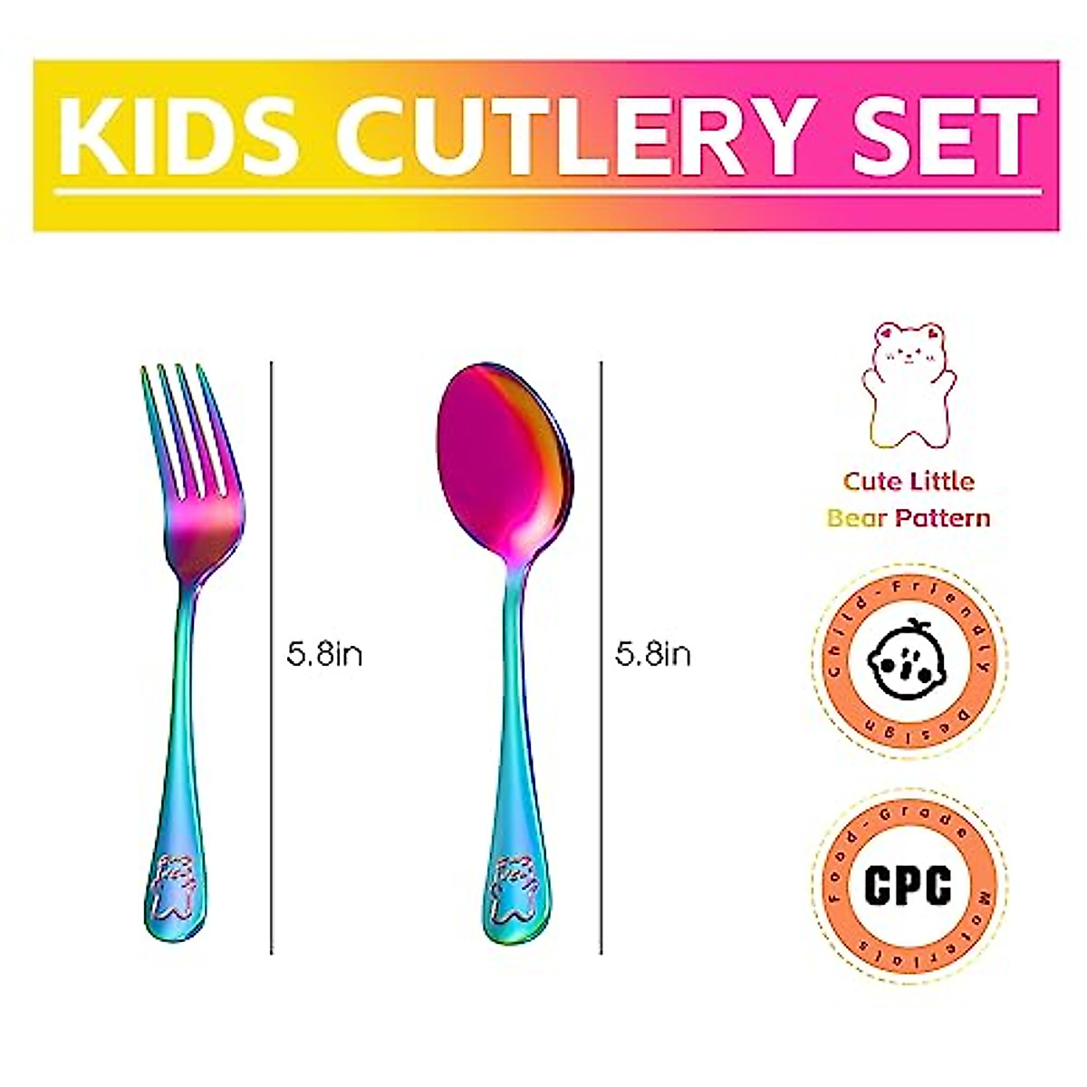 Set of 10, Stainless Steel Rainbow Kids' Forks(5.8in) and Spoons(5.8in) Silverware Set, Child Safe Flatware. Cute Bear Pattern Kids Utensils, Metal Kids Cutlery Set For Lunchbox.