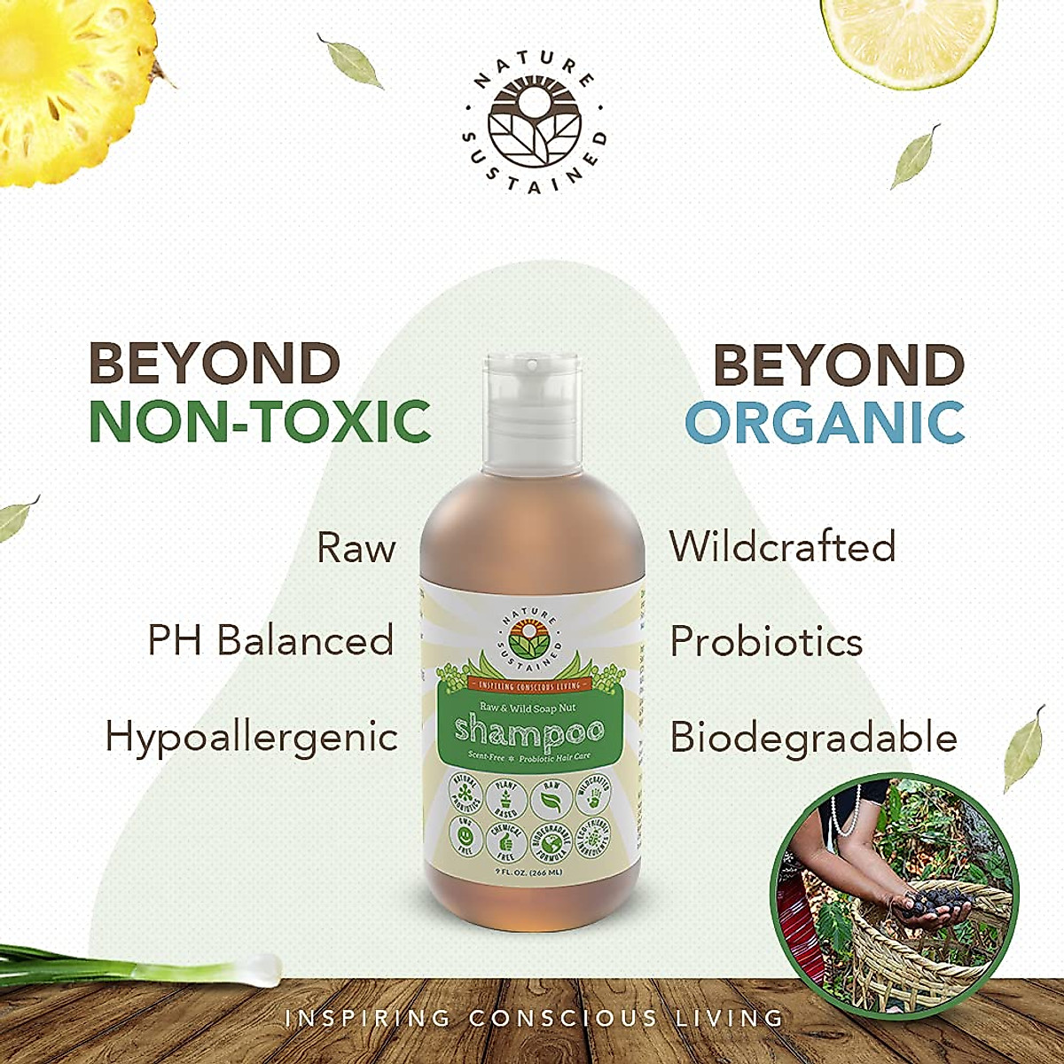 Nature Sustained Organic Shampoo - Raw & Wildcrafted with Probiotics, Hypoallergenic Natural & Sulfate Free Shampoo for Sensitive Scalp, Dry Hair, Dandruff, Eczema & Psoriasis, 9oz, Lemongrass