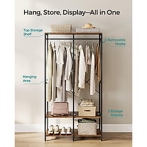 SONGMICS Clothes Rack, Iron and Wood Wardrobe Closet Organizer, Heavy Duty Garment Rack with Hanging Rods, Closet Shelves, Removable Hooks, 15.7 x 37.2 x 70.9 Inches, Rustic Brown URGR004B01