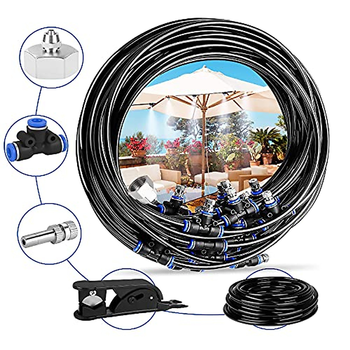 AOZBZ Misting Cooling System, 16.4FT (5M) Misting Line+5 Mist Nozzles & Brass Adapter Outdoor Misting System for Garden Patio Trampoline Greenhouse Umbrella