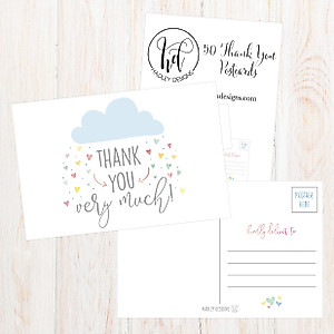 50 4x6 Rain Clouds Blank Thank You Postcards Bulk, Cute Modern Baby Shower Sprinkle Rainbow Showered With Love Thank You Note Card Stationery For Wedding Bridesmaid Bridal, Religious, Holiday