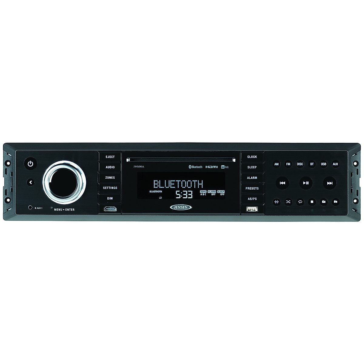 Jensen JWM90A Slimline 3-Zone Source Theater-Style Bluetooth Wallmount Stereo with App Control, DVD/CD-R/RW & MP3 Compatible, Dual HDMI Video Output, HDMI ARC, USB Play MP3/WMA Files, Rear RCA In/Out