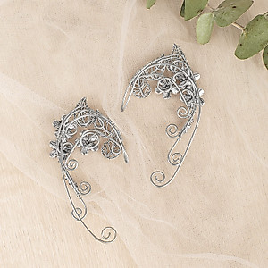 Elven Ear Cuffs for Women, Handmade Elf Fairy Earrings Cuff Wrap Clip-on Filigree Earrings for Fantasy Fairy Halloween Costume, Cosplay, Wedding, Handcraft (Silver)