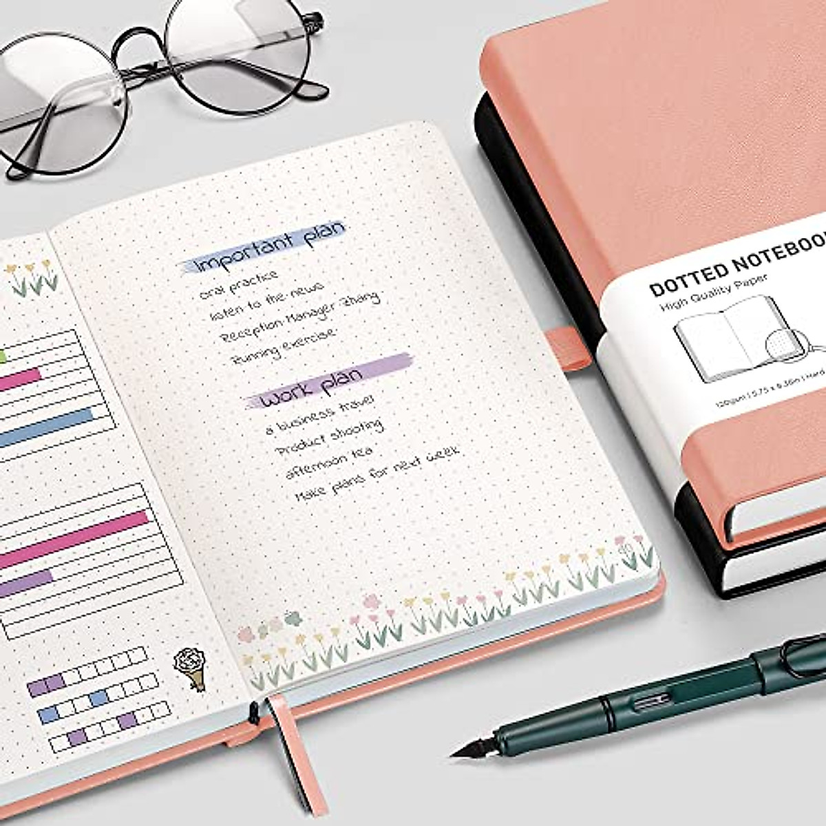 RETTACY Dotted Bullet Grid Journal 2 Pack - Dot Grid Hard Cover Notebook with 320 Pages,120gsm Thick Paper,Smooth PU Leather,Inner Pocket,5.75'' × 8.38'' (Black Pink)