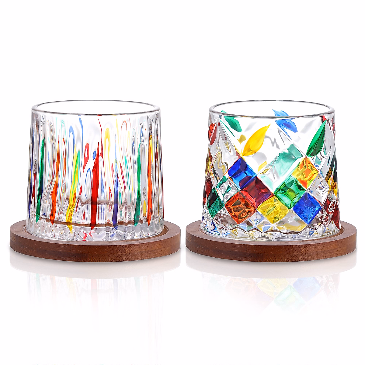 Joeyan Rotatable Hand Painted Whiskey Glasses with Coaster,Old Fashioned Glass Tumblers with Strip and Diamond Patterns,Colorful Whiskey Glass Cups for Rum Bourbon Scotch,Set of 2,9 oz