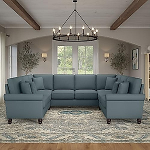 Bush Furniture Coventry U Shaped Sectional Couch, 113W, Turkish Blue Herringbone