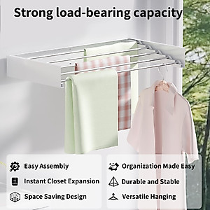 QIICMER Drying Rack Clothing，Wall Mounted Drying Rack，Collapsible Drying Racks for Laundry，Retractable Clothes Drying Rack， Laundry Space Saver Wall Mounted Rack，60 lb Capacity(White 31.5")