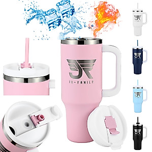 JR-FAMILY 40oz Spill Proof Tumbler with Lid Straw and Handle, Stainless Steel Insulated Travel Coffee Mug, Cup Holder Friendly, Easy Clean, Gifts for Women Men - Baby Pink