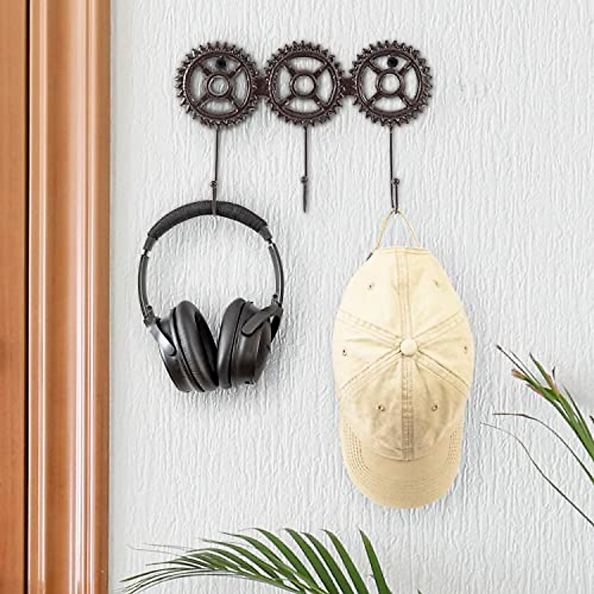 MyGift Brown Cast Iron Metal Wall Coat Hook with Steampunk Gear Design, Wall Mounted Key Rack with 3 Hooks