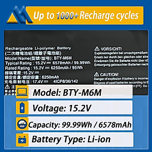 BTY-M6M 99.99Wh Laptop Battery Replacement for MSI GS66 Stealth 10SE 10SF 11UE 11UH GE66 Raider 10UG 11UG GE76 for Raider 11UE 11UG GE76 for Dragon Tiamat 11UH WS66 10TM 11UMT 11UKT for Creator 15