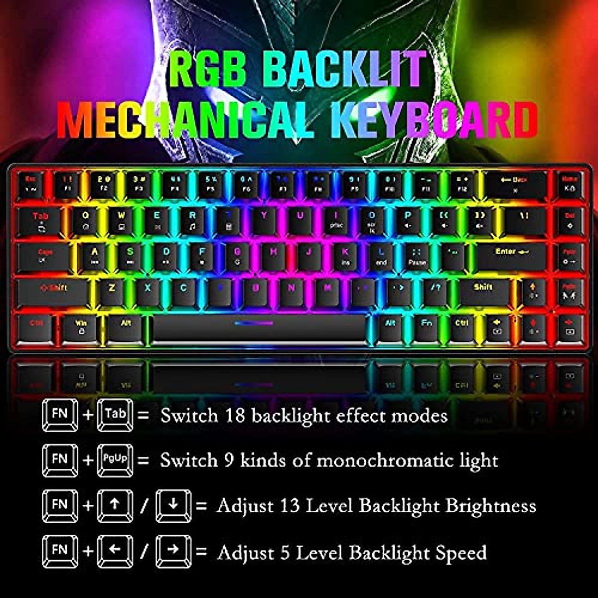 LexonElec T8 60% Mechanical Gaming Keyboard, RGB Backlit Compact Mechanical Keyboard, Blue Switches, Spill Resistant, Customizable Key Macro Function, for PC Gamers and Office Typists (Black)