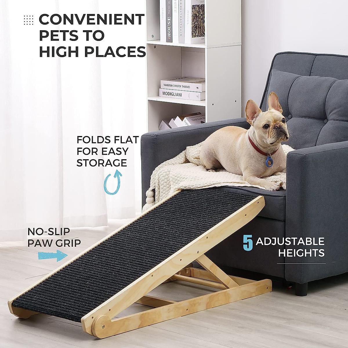 SweetBin Wooden Adjustable Pet Ramp for All Dogs and Cats - 41" Long and Adjustable from 12” to 24”- Up to 200LBS - Non Slip Carpet Surface and Foot Pads - Folding Dog Car Ramps for SUV, Bed, Couch