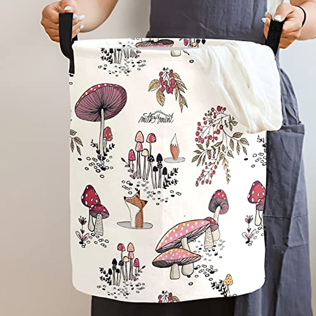 ArtToLife Mushroom Laundry Basket Waterproof Oxford cloth with Knitting Handle Collapsible Large Round Storage Dirty Laundry Hamper, Multicolored1