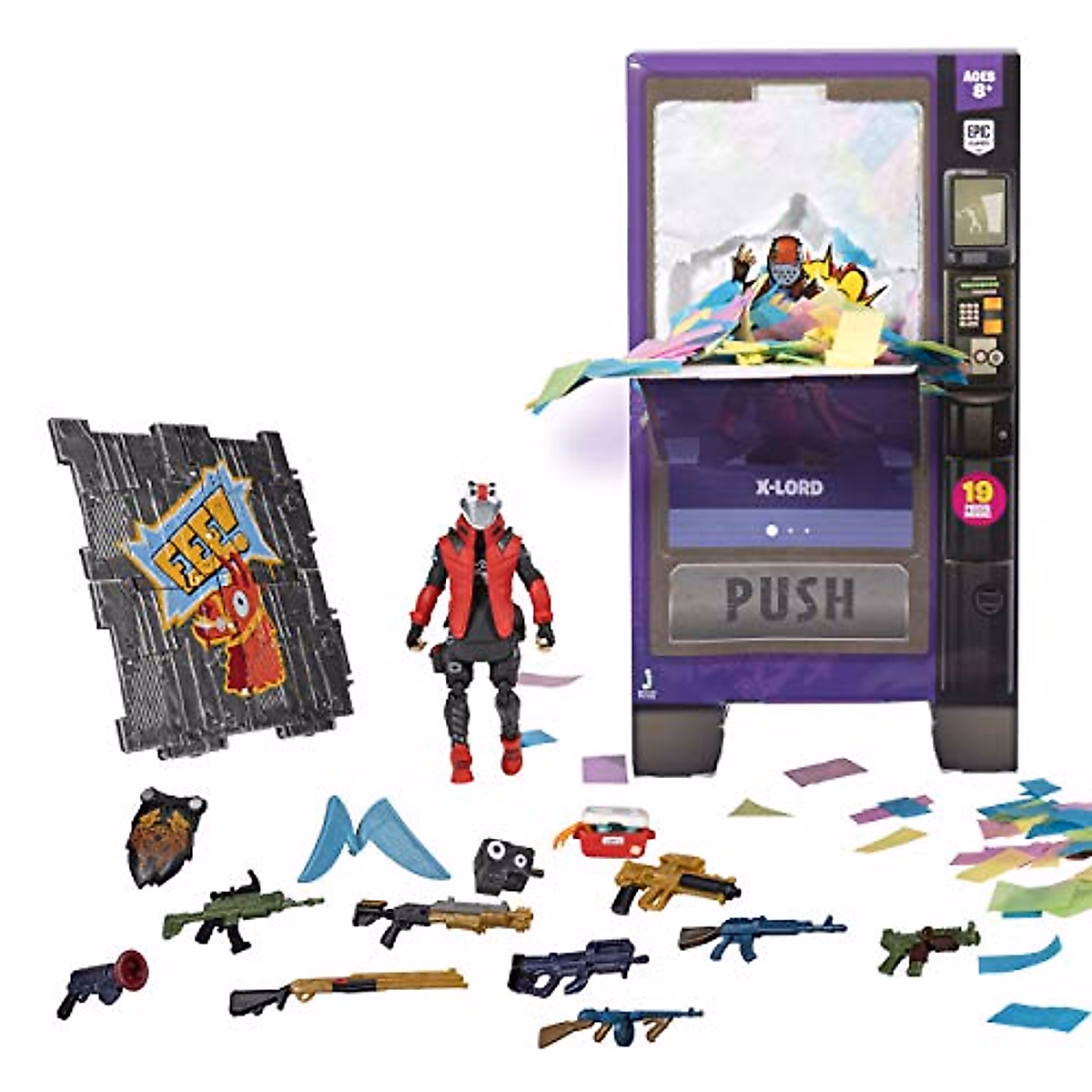 Fortnite Vending Machine, Features 4 Inch X-Lord Action Figure, Includes 9 Weapons, 4 Back Bling, and 4 Building Material Pieces