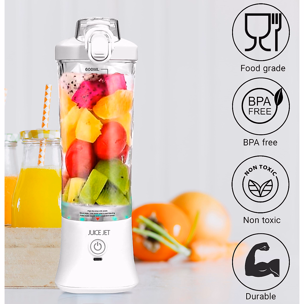 Juice Jet, 20oz Portable Blender, 6 Blade Mixer, USB Rechargeble, Personal Size Blender, High Speed, with Travel Lid, BPA Free, Gym, Home, Outdoor, Office, Family (White)