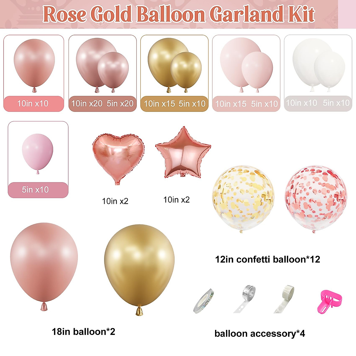 154Pcs Rose Gold Balloons Arch Garland Kit, Bachelorette Pink and Gold Confetti Balloons with Star Heart for Women Girls Birthday Wedding Bridal Baby Shower Party Decorations
