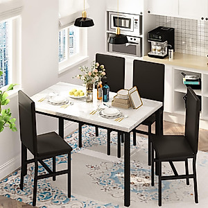 Hooseng Modern 5 Piece Dining Room Furniture Set - White Table with Faux Marble Top and PU Leather Chairs for 4, Apartment, Home Bar, Small Spaces