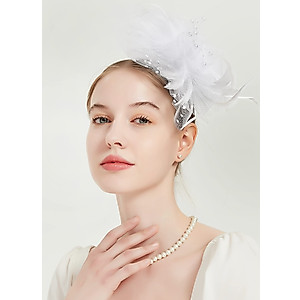 Fascinators for Women Tea Party Headband Kentucky Derby Hats Cocktail Flower Mesh Feathers Headwear Hair Clip for Wedding White