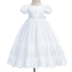 Bow Dream Baby Girls Christening Baptism Dress Formal Party Special Occasion Dresses for Toddler 4Pcs White 12-18 Months
