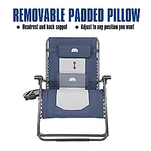 Coastrail Outdoor Zero Gravity Chair Oversized XXL 33.5" Width Patio Recliner Padded Reclining Folding Lounger with Pillow, Side Table for Camping, Lawn, Garden, 500lbs Capacity Blue/1pack