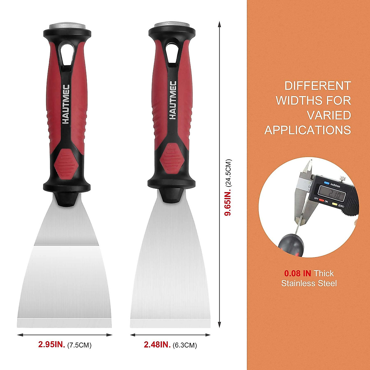 HAUTMEC 2pc Putty Knife Set, 2.5 in Staight and 3 in Offset Scrapers, Heavy Duty Stainless Steel Blade and Hammer End for Removing Wallpaper, Applying Putty, Plaster, Cement HT0061-PT