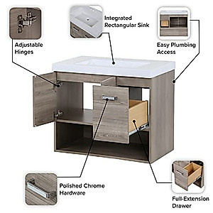 Spring Mill Cabinets Inna Floating Bathroom Vanity with 2-Door Cabinet, Drawer, Open Shelf, and White Sink Top, 30.5" W x 18.75" D x 26.27" H, Forest Elm