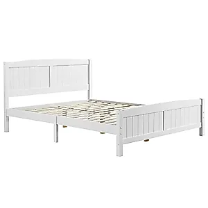 nycsuoani Queen Bed Frame No Box Spring Needed Queen Size Single-Layer Core Vertical Stripe Full-Board Curved Headboard with The Same Bed Tail Wooden Bed 82.6 x 62.8 x 37.8 in. White