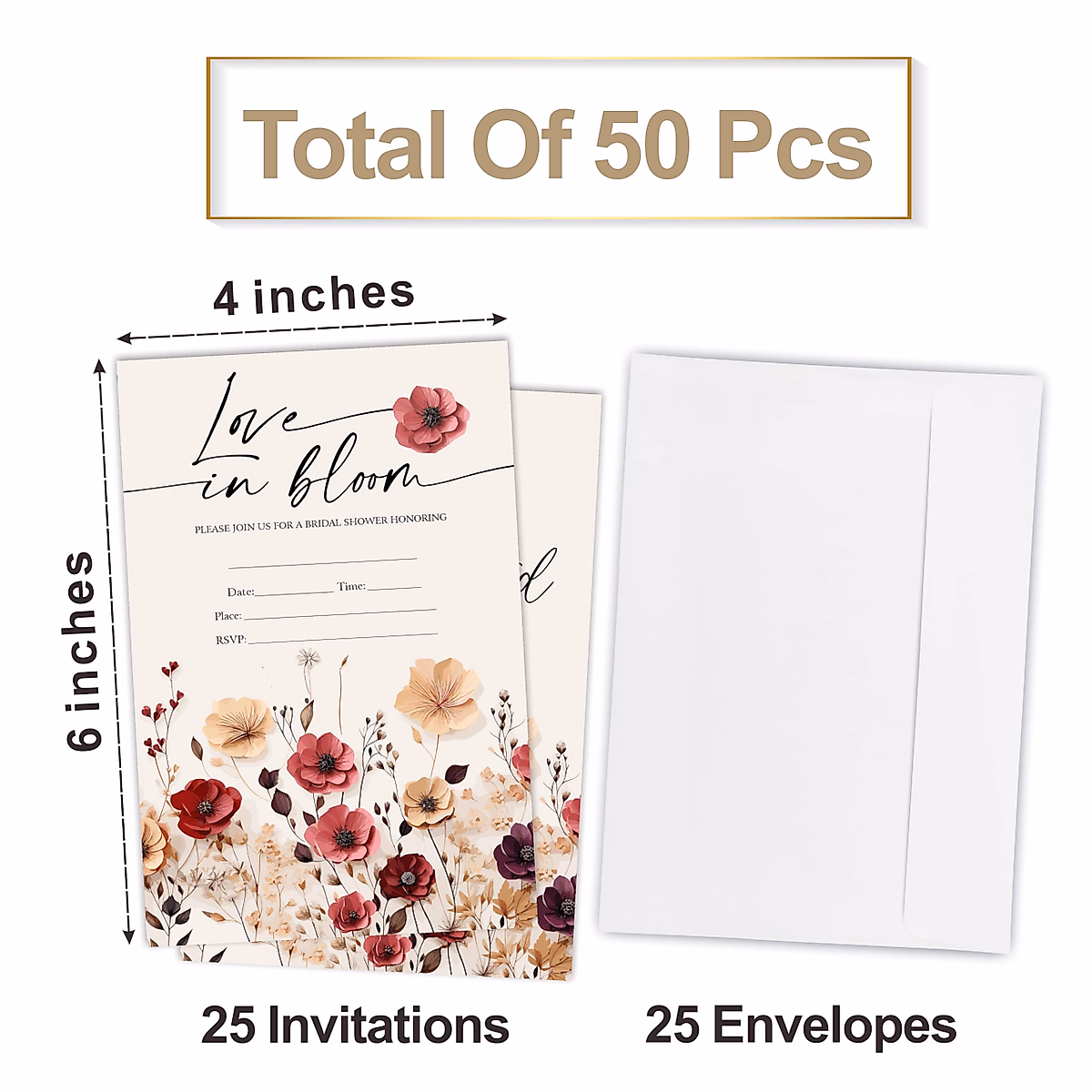 luixd Bridal Shower Invitations - Love In Bloom - Watercolor Floral Fill In Invites With Envelopes, Invitations For Newlyweds，Bridal Shower, Party Favor & Supplies (Set Of 25)- B06