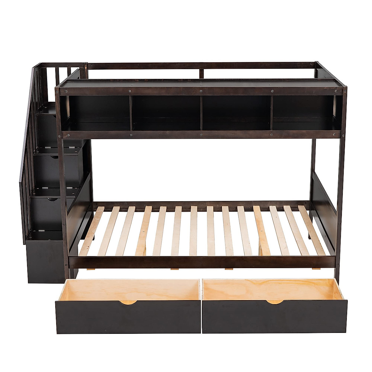 Bunk Bed Twin Over Full with Storage Staircase and 2 Drawers, Wooden Bunk Bed Frame with 4 Storage Shelves for Kids Boys Girls Teens (Espresso@028)