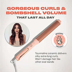 INH Hair Extra Long Oval Barrel Curling Iron with Tourmaline Ceramic Wand & Ionic Technology for Longer Looser Curls with Z-Formation | Best Hair Clamp Free Wand for Frizz Free Hollywood Blowout