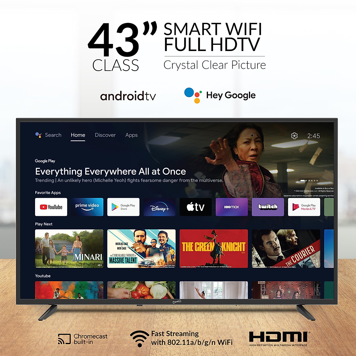 Supersonic Smart SC-4350GTV 43-inch FHD DLED TV with Google Assistant, ATSC/NTSC, HDMI, WiFi, USB Input, 1080p Resolution,16.7M Colors, 60Hz Refresh Rate, Energy-Efficient, Remote Control