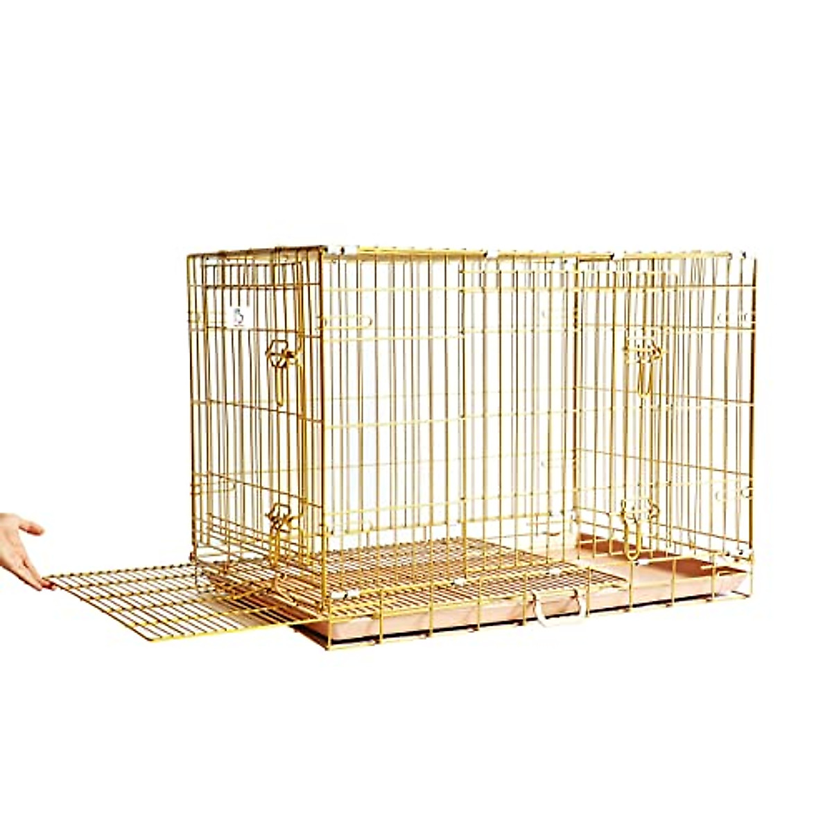 HOMEY PET Gold Dog Crate 36 Inch, Portable Folding Metal Wire Dog Kennel Pet Dog Cage with Removable Floor Grid, Pull Out Leak-Proof Pan, Double Doors, Handle for Medium Dogs, Indoor Outdoor Travel
