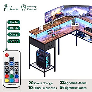 Huuger L Shaped Desk Computer Desk with LED Lights & Power Outlets, Gaming Desk with Storage Shelves, Corner Desk Home Office Desk, Rustic Brown